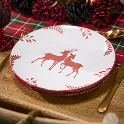 Set of 2 Cranberry Red Stag Christmas Dinner Plates Festive Table Set ...