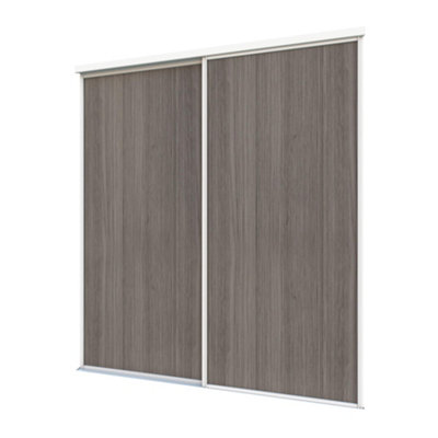 Set of 2 Dark Oak Sliding Wardrobe Door Kit in White Frame & Tracks ...