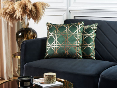 Set of 2 Decorative Cushions CASSIA 45 x 45 cm Dark Green Geometric Pattern