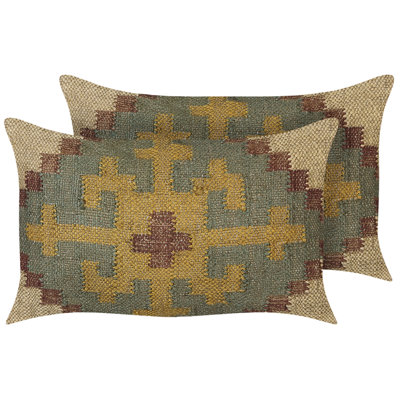Set of 2 Decorative Cushions SARON Jute 30 x 50 cm Green Oriental Pattern