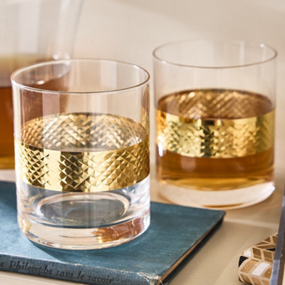 Set of 2 Diamond Embossed Gold Drinking Wine Cocktail Tumbler Glasses ...