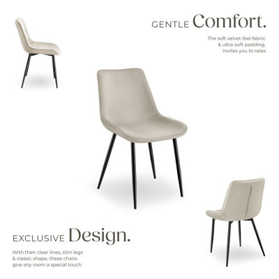 Set of 2 Dining Chair Monroe - padded, velvet look, ergonomic seat, black steel legs - cream