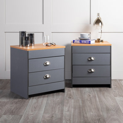 Set of 2 - Drawer Side Table Grey & Pine