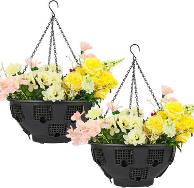Set of 2 Easy-Fill Hanging Planters, 15-Inch Black with Chains for Indoor/Outdoor Garden Décor