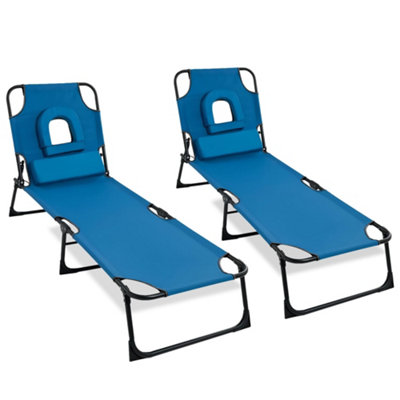 SET OF 2 FOLDABLE SUN LOUNGERS ADJUSTABLE RECLINING BLUE BEACH LOUNGE ...