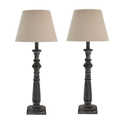 Set of 2 French Country Style Home Office Pillar Lamp Brushed Wood ...