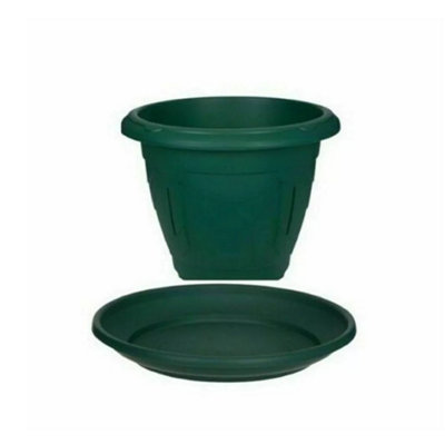 Set of 2 Green 24 CM Round Pot & Saucer Garden Plastic Venetian Pot ...