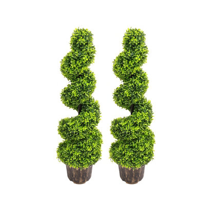 Set of 2 Green Artificial Plant Spiral Plastic Boxwood Tree in Pot 90 ...