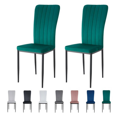 Set of 2 Green Velvet Effect Dining Chairs Plush Padded Upholstered ...