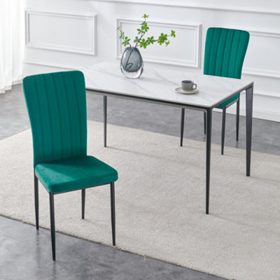 Set of 2 Green Velvet Effect Dining Chairs Plush Padded Upholstered ...