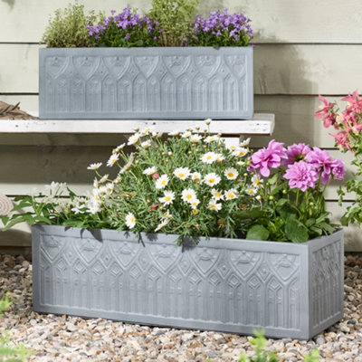 Set of 2 Grey Gothic Arch Fibreclay Summer Outdoor Garden Planters ...