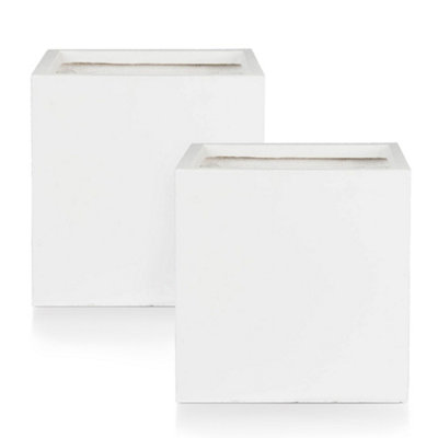 SET OF 2 IDEALIST™ 30CM SQUARE PLANTERS, WHITE REINFORCED STONE FLOWER ...