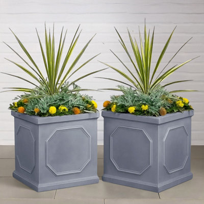 Set of 2 IDEALIST™ 37cm Square Planters, Grey Reinforced Ston, Garden ...