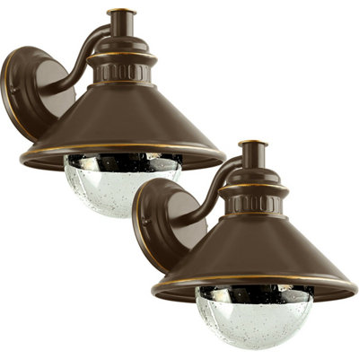 Set of 2 IP44 Outdoor Wall Lights in Brown and Copper with E27 Bulbs
