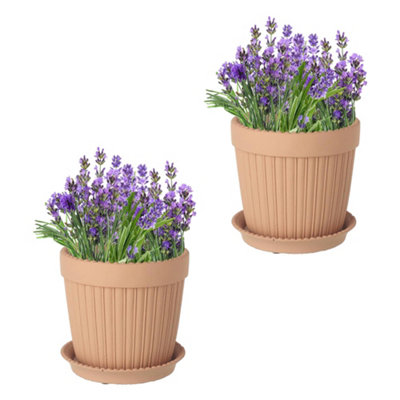 Set of 2 Large Ribbed Flower Pot with Overflow Tray Orange Clay Indoor ...