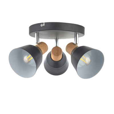 Set of 2 Larren - Matt Black & Wood Detail 3 Way Ceiling Spotlights