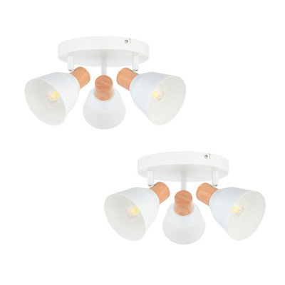 Set of 2 Larren - Matt White & Wood Detail 3 Way Ceiling Spotlights