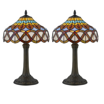 Set of 2 Leonard - Tiffany Coloured Glass 36cm Table Lamps