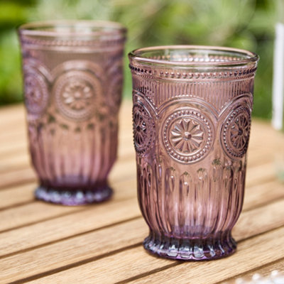 Set of 2 Luxury Embossed Purple Tall Drinking Glass Tumblers 330ml