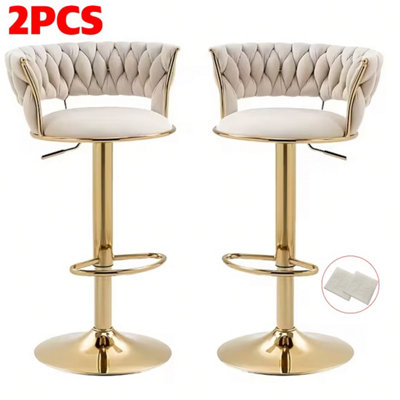 Set of 2 Luxury Velvet & Gold Adjustable Swivel Bar Stools for Kitchen ...