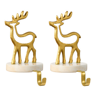 Set of 2 Marble and Gold Reindeer Decorative Stocking Hook Fireplace ...