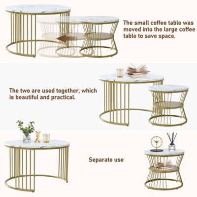 Set of 2 Marble Effect Round Nesting Coffee Table Side Table with ...