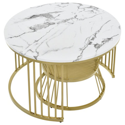 Set of 2 Marble Effect Round Nesting Coffee Table Side Table with ...