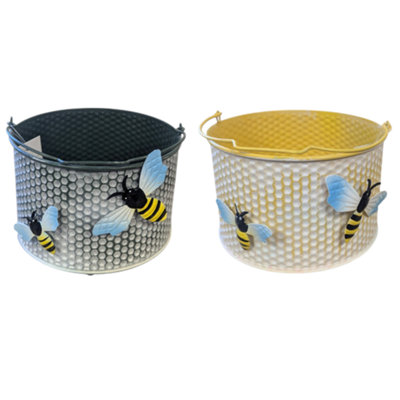Set of 2 Metal Honeycomb Bee Decal Plant Pots - H10 x W16cm