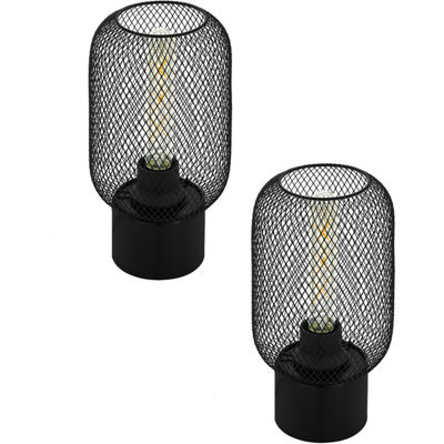 Set of 2 Modern Black Steel Table Lamps with Round Wire Mesh Shade