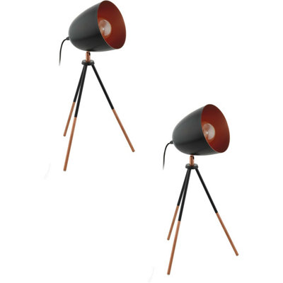 Set of 2 Modern Mini Tripod Table Lamps with Black and Copper Shades