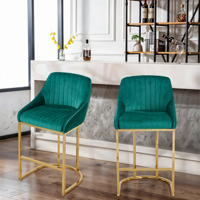 Set of 2 Modern Velvet Green Upholstered Bar Stools with Metal Legs