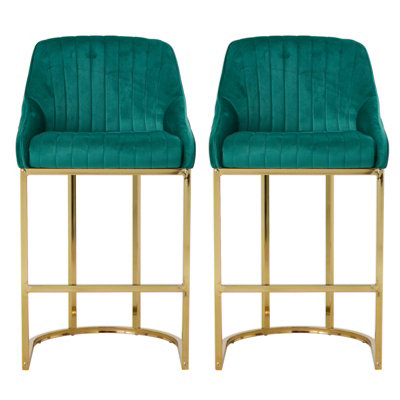 Set of 2 Modern Velvet Green Upholstered Bar Stools with Metal Legs