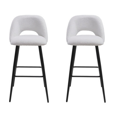 Set of 2 Modern White Teddy Fur Bar Stools with Black Metal Legs and ...