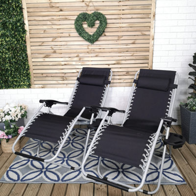 Set of 2 Multi Position Zero Gravity Relaxer Chair Sun Lounger in Black ...