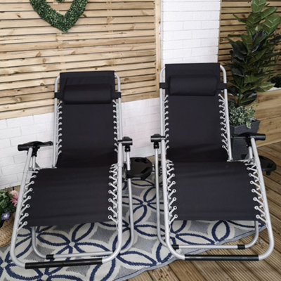 Set of 2 Multi Position Zero Gravity Relaxer Chair Sun Lounger in Black ...