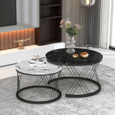 Set of 2 Nestable Marbel Pattern Round Coffee Tables with Metal Frame