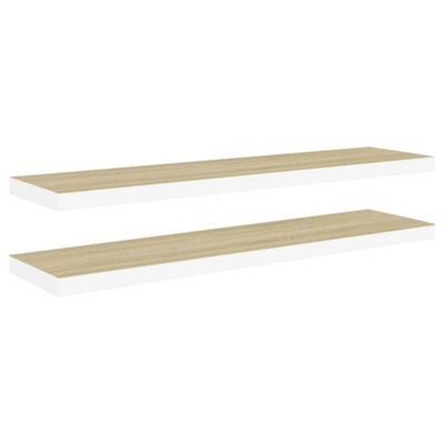 Set of 2 Oak and White Floating Wall Shelves - 90x23.5x3.8 cm MDF