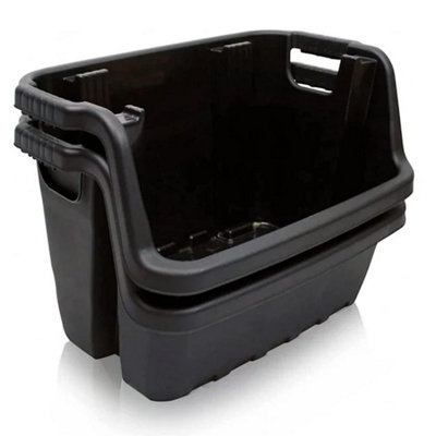 Set of 2 Open Fronted Black Plastic Crates Heavy Duty Stackable Storage ...
