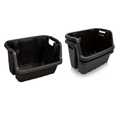 Set of 2 Open Fronted Black Plastic Crates Heavy Duty Stackable Storage ...