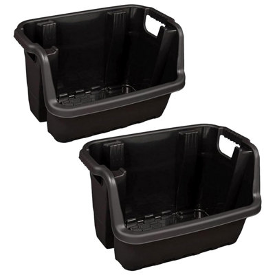Set Of 2 Open Fronted Black Plastic Heavy Duty Stacking Crates For ...