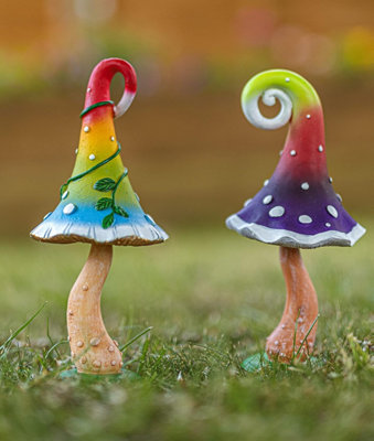 Set of 2 Resin Multi-Coloured Toadstool Garden Ornament Indoor Outdoor ...