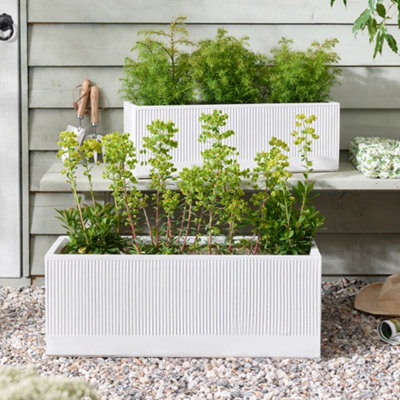 Set of 2 Ribbed White Finish Fibre Clay Indoor Outdoor Garden Plant ...