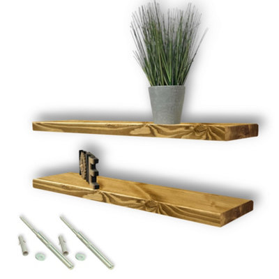 Set of 2 Rustic Wooden Floating Shelves with Hidden Brackets (Dark Oak ...