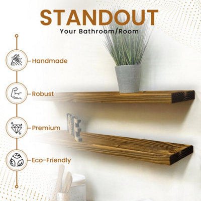 Buy Set of 2 Rustic Wooden Floating Shelves with Hidden Brackets (Tudor ...