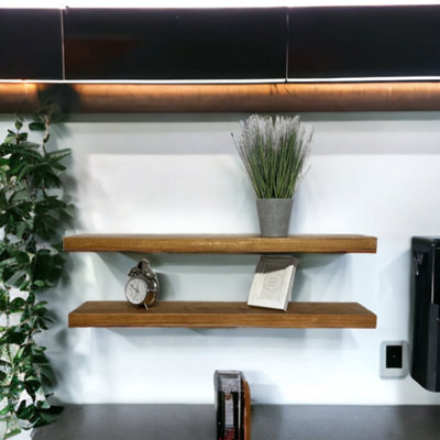 Set of 2 Rustic Wooden Floating Shelves with Hidden Brackets (Tudor Oak ...