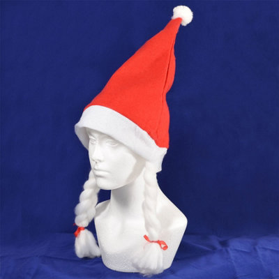 Set of 2 Santa Hat with Plaits & Ribbon Mrs Miss Santa Claus Xmas Fancy ...