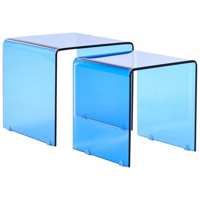 Set of 2 Side Tables KENDALL Tempered Glass Blue