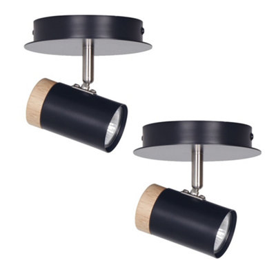 Set of 2 Stratton - Black with Wood Detail Single Spotlights