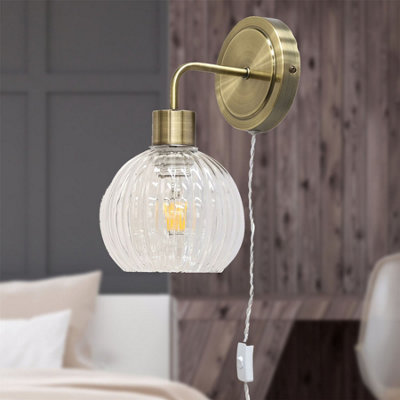 Set of 2 Toby - Antique Brass Plug in Wall Lights Clear Globe Shades