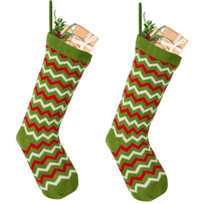 Set of 2 Traditional Festive Zig Zag Knitted Xmas Gift Decoration Christmas Stocking